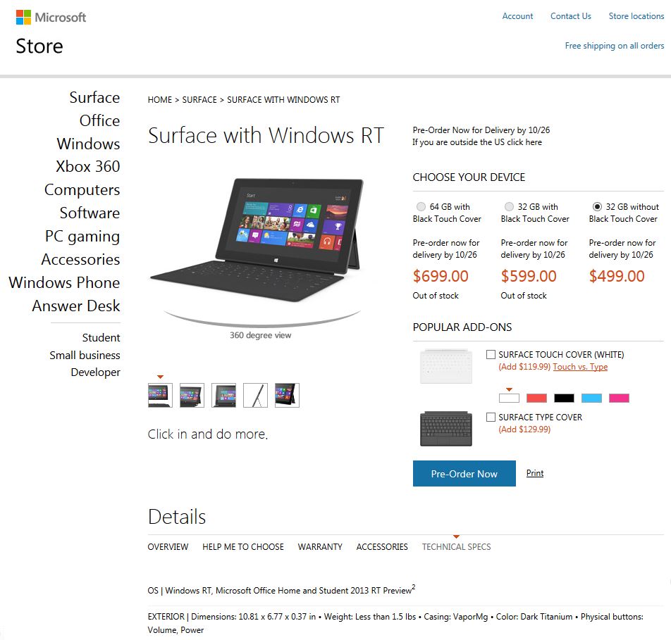 Microsoft reveals Surface tablet pricing, starting at $499, then pulls ...
