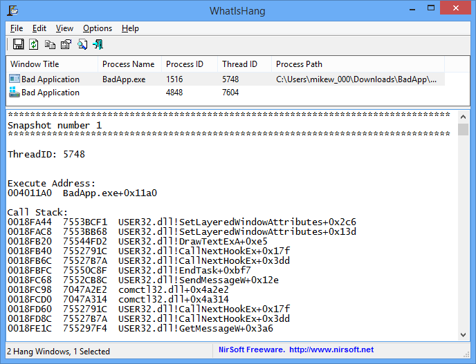Diagnose process hangs with WhatIsHang