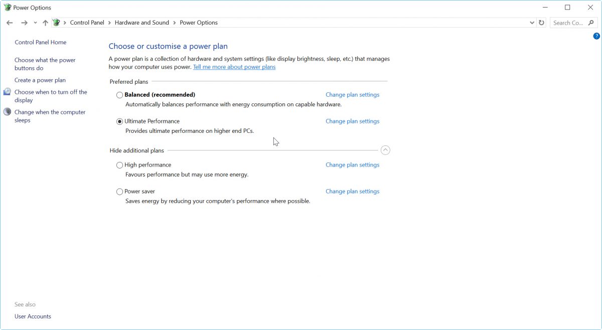 Ultimate power plan options