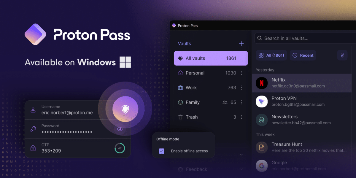 Proton Pass password manager app for Windows launches with offline mode ...