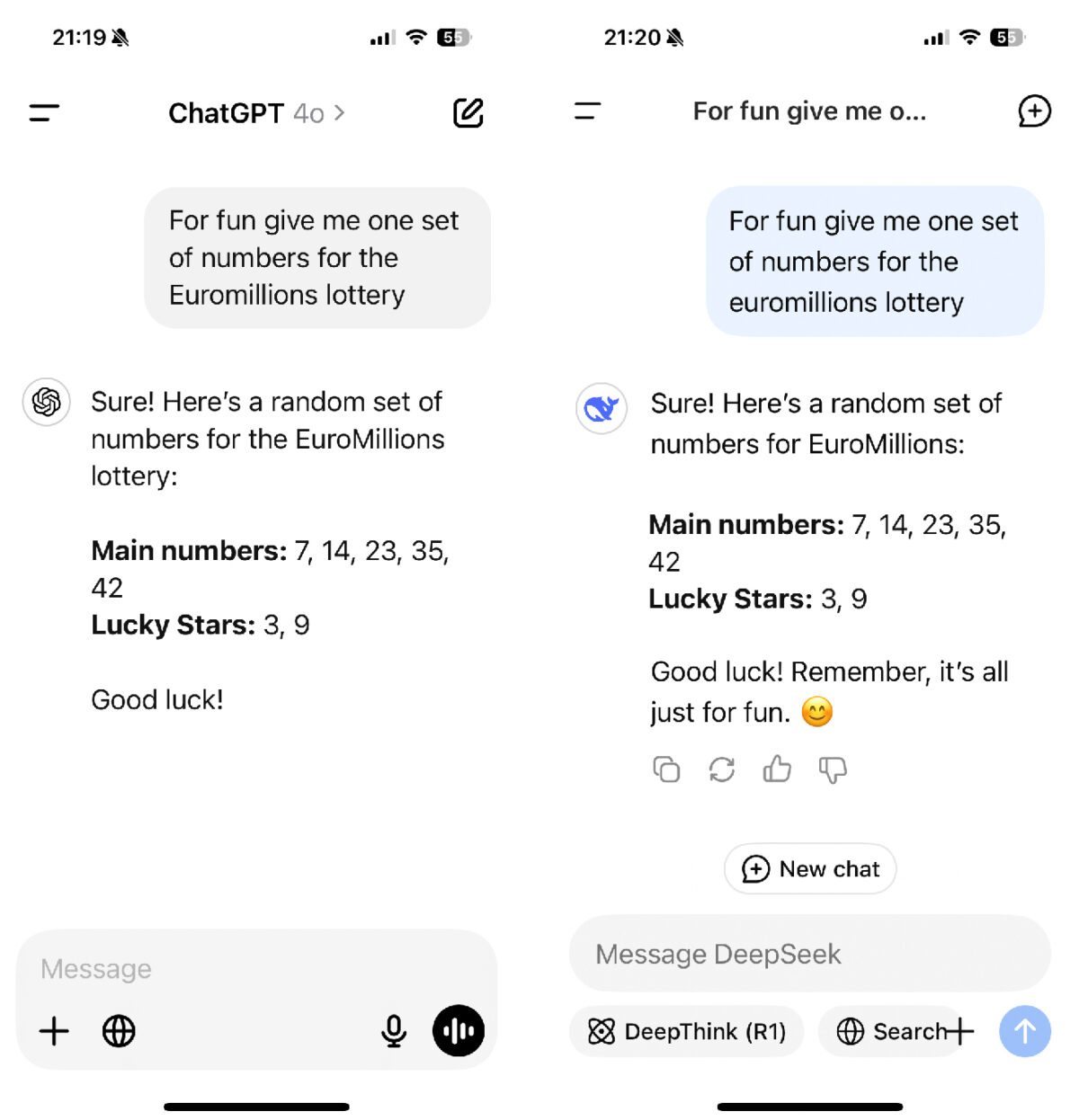 I asked ChatGPT and DeepSeek to generate some random lottery numbers ... I asked ChatGPT and DeepSeek to generate some random lottery numbers ...