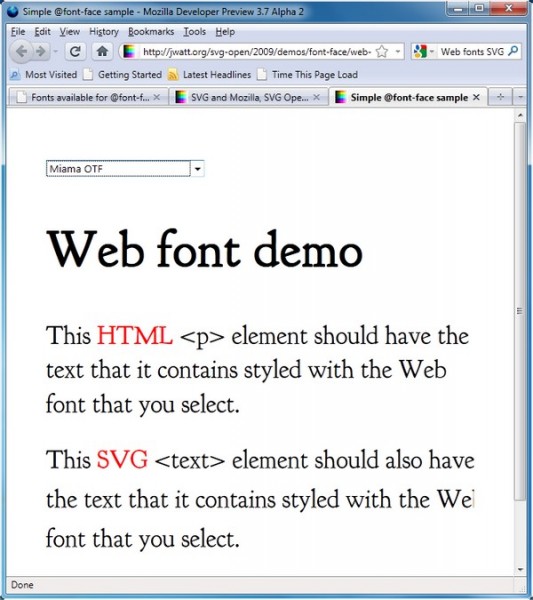 A @font-face rendering test using both HTML and SVG paragraphs, shown ...